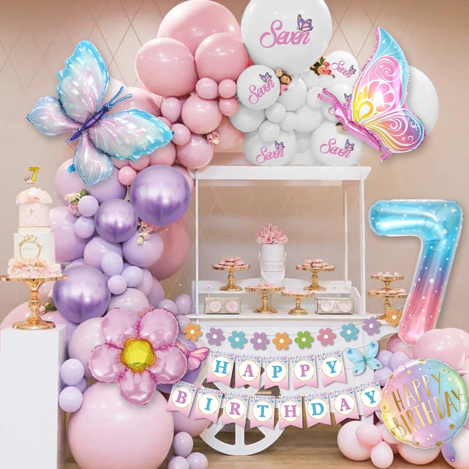 AYUQI Butterfly 7th Birthday Decorations Girl - Purple Pink Balloon ...