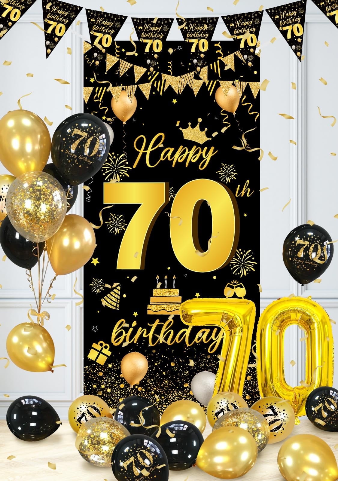AYUQI 70th Birthday Decorations Men Women, Black Gold Banner, Confetti ...