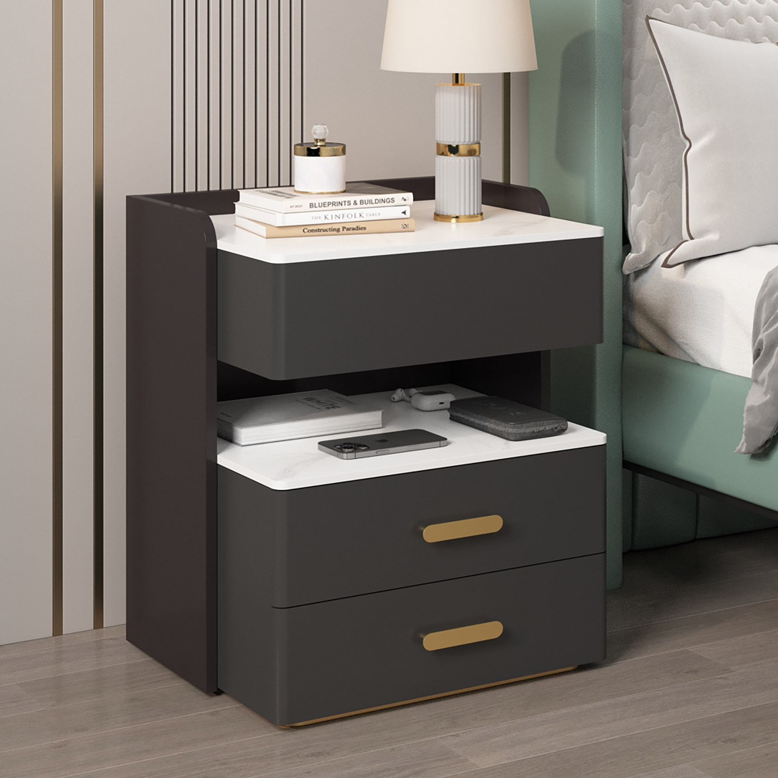 AYUQI Nightstand with 3 Drawers, Rock Board Bedsidet Cabinet, Modern ...