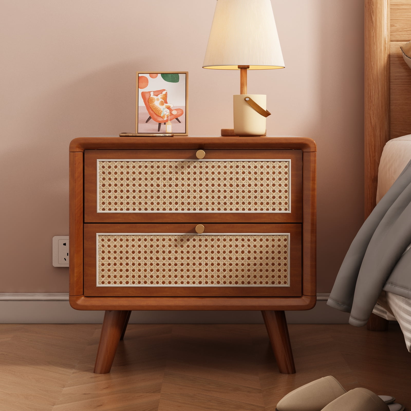 AYUQI Nightstand Solid Wood Rattan Side End Table Side Table with 2 ...