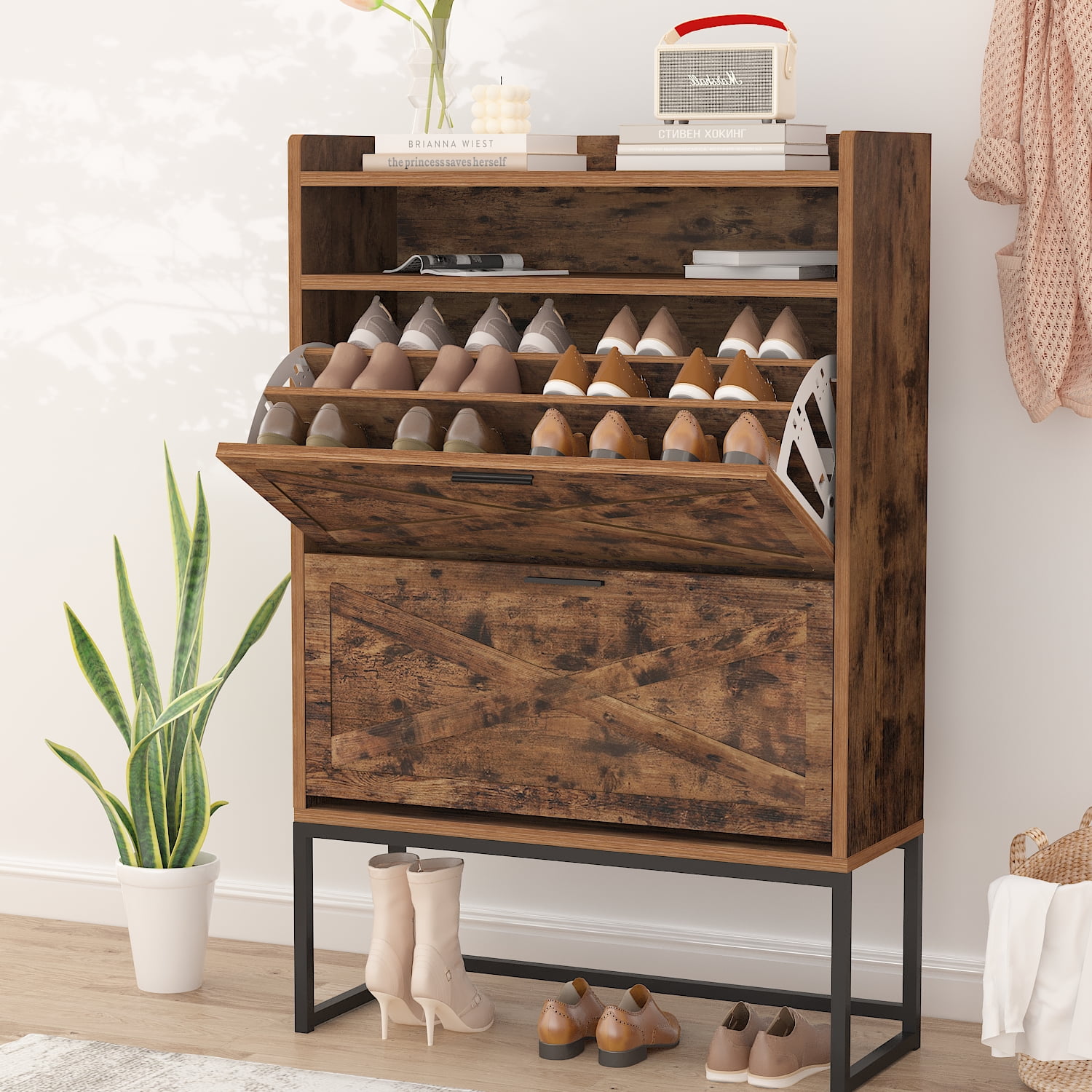 AYUQI Shoe Storage Cabinet, Slim Hidden Shoe Racks with 2 Flip Drawers ...