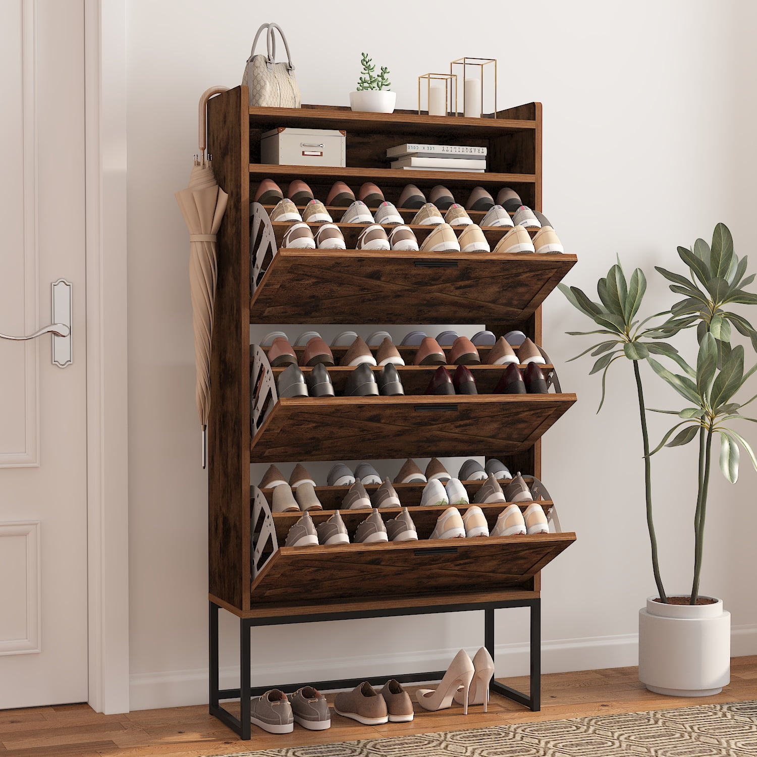 AYUQI Shoe Storage Cabinet, Slim Hidden Shoe Racks with 3 Flip Drawers ...