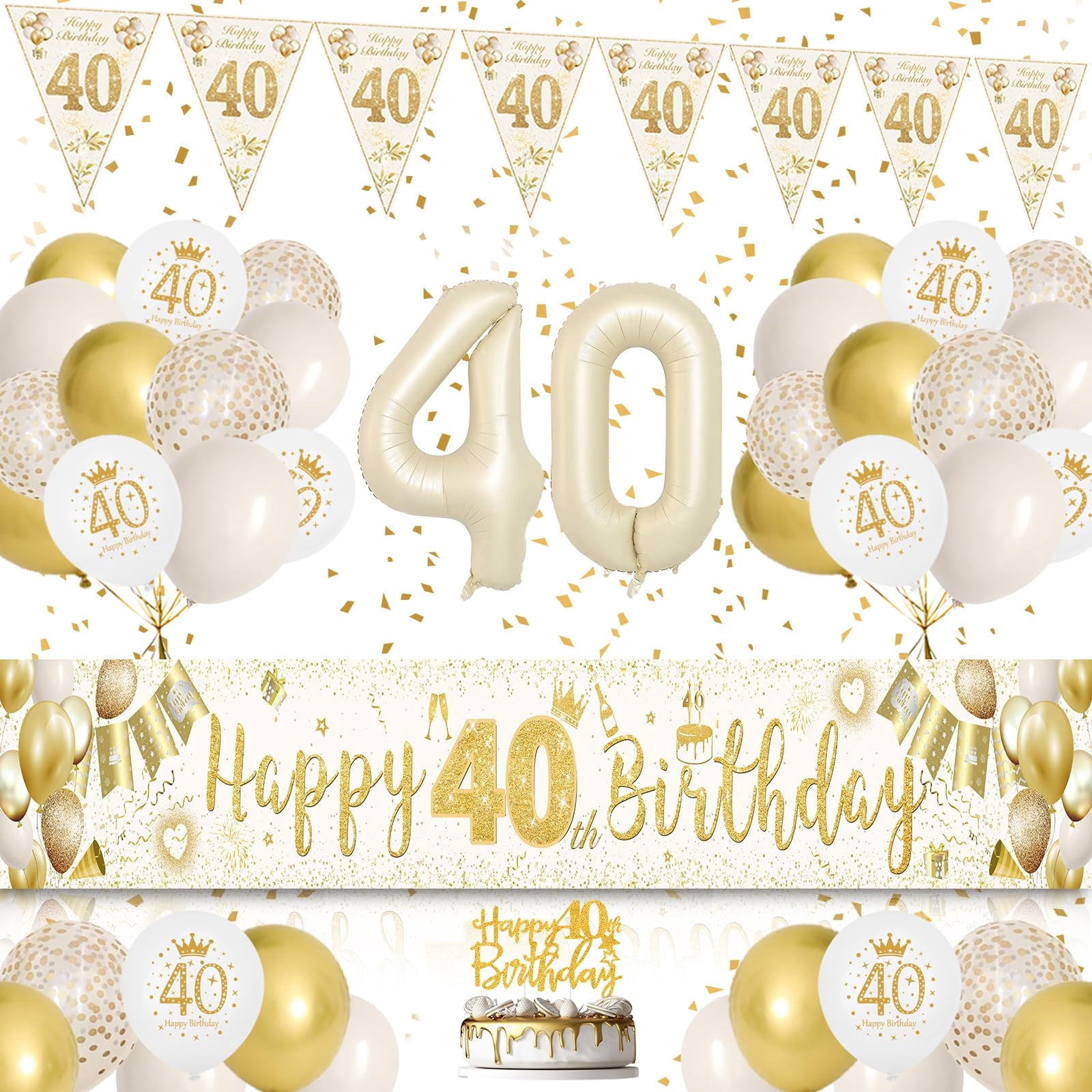 AYUQI Women 40th Birthday Decorations, Sand White Gold Happy 40th ...