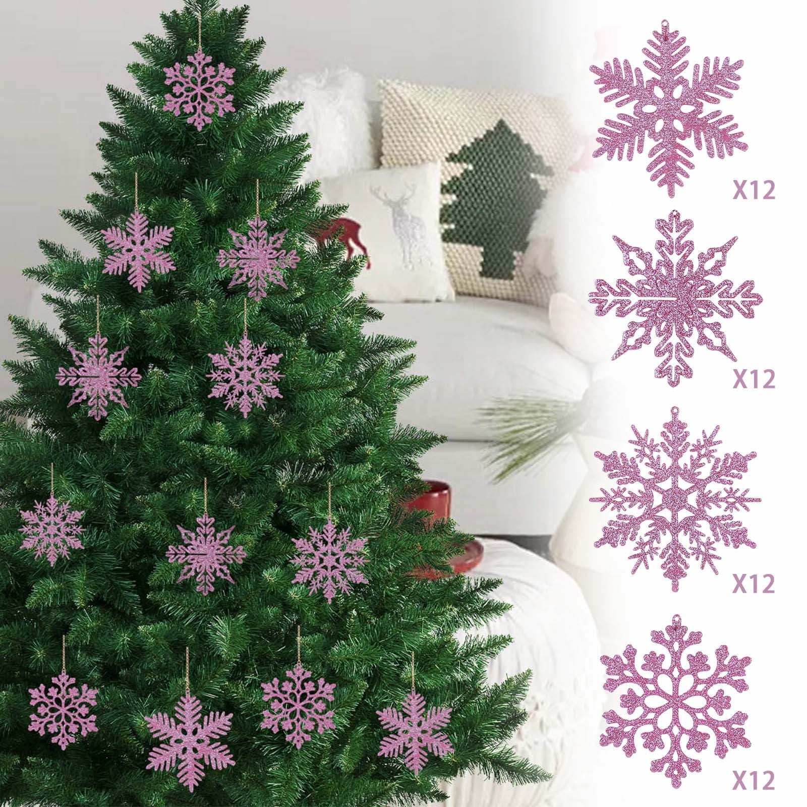 AYktou 12 Pcs Christmas Tree Snowflakes Decorations, Glittering Pink ...