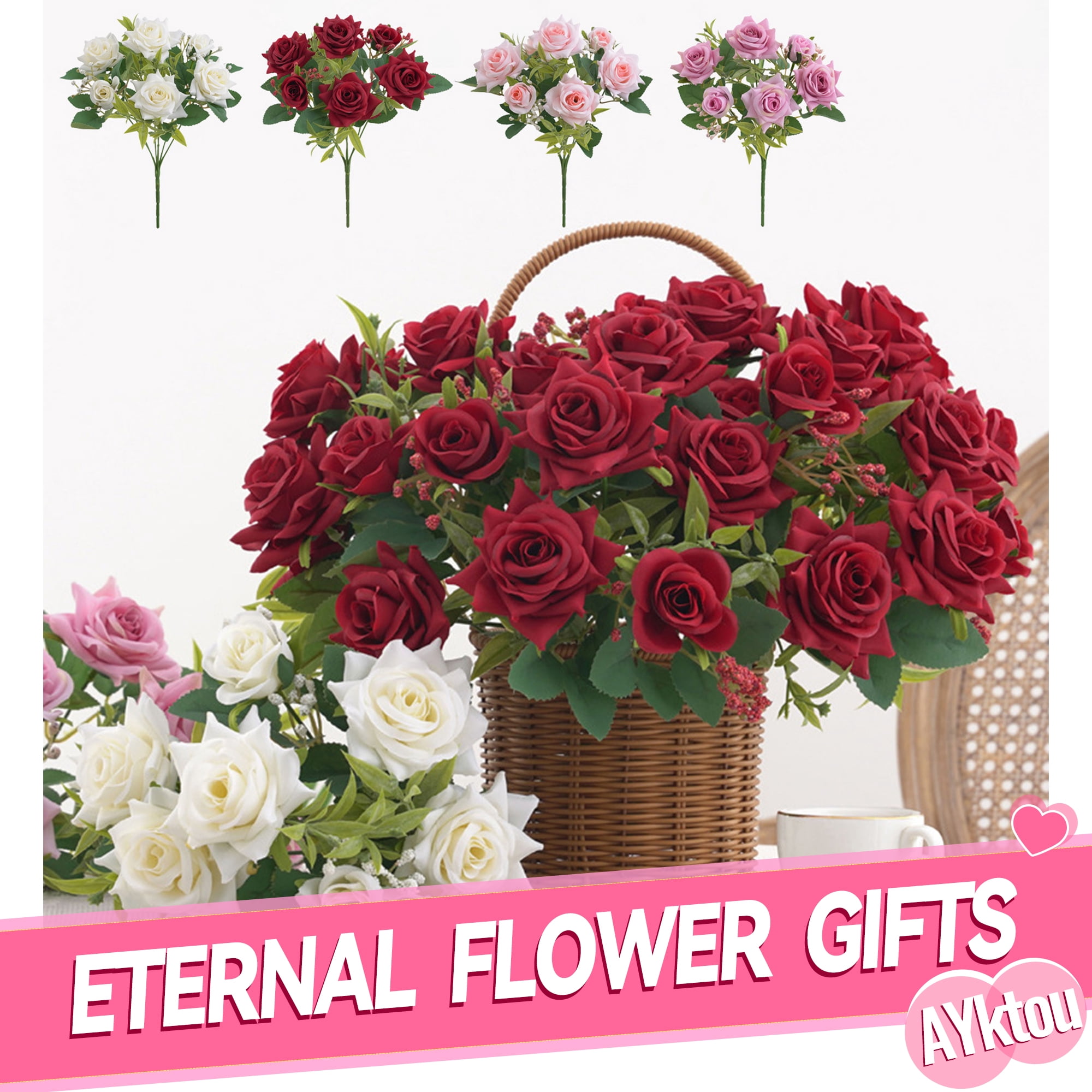 AYktou Artificial White Rose Flowers 7 Head Rose Flowers Silk Roses ...