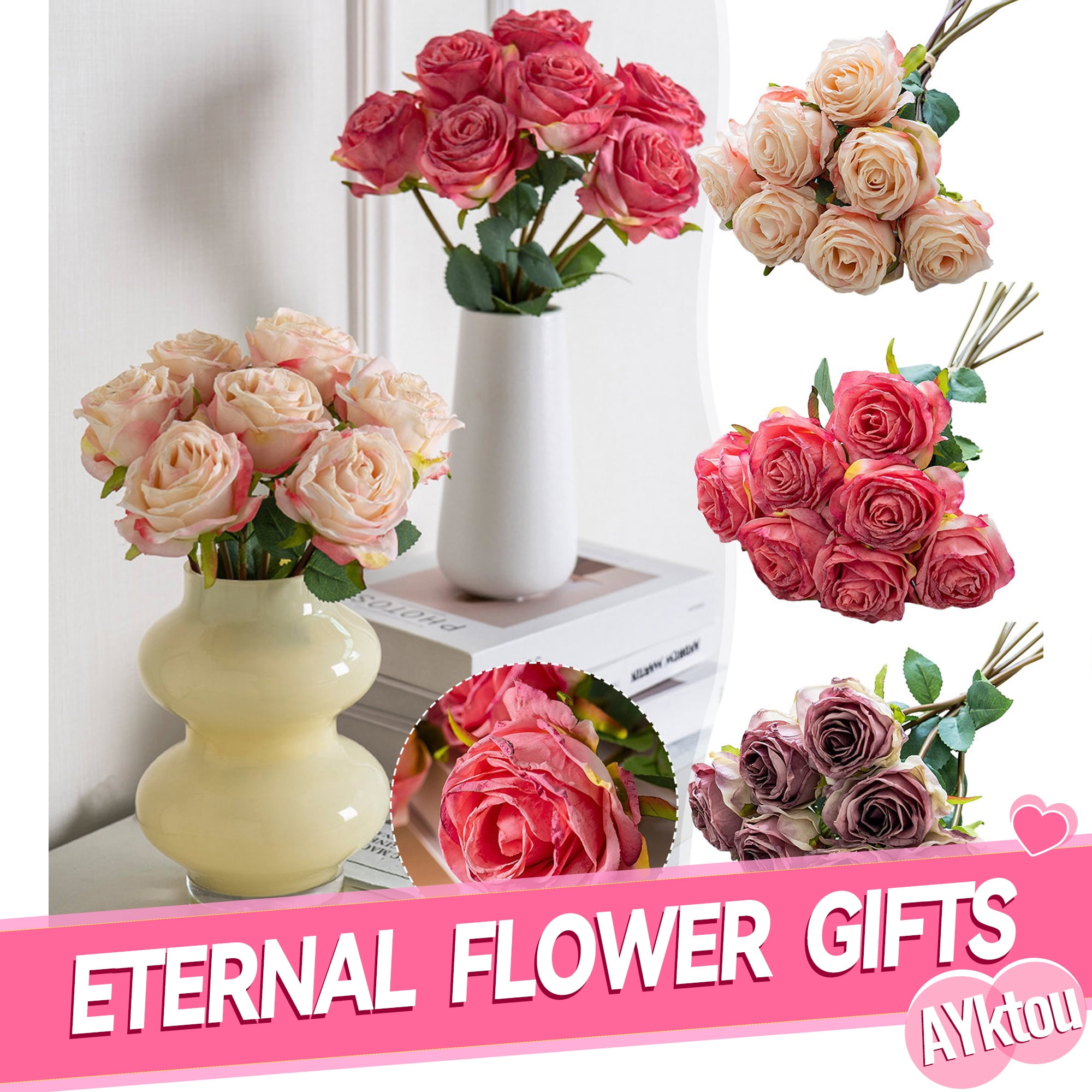 AYktou Fake Roses Artificial Flowers 7 Head Burnt Red Roses,Assorted ...