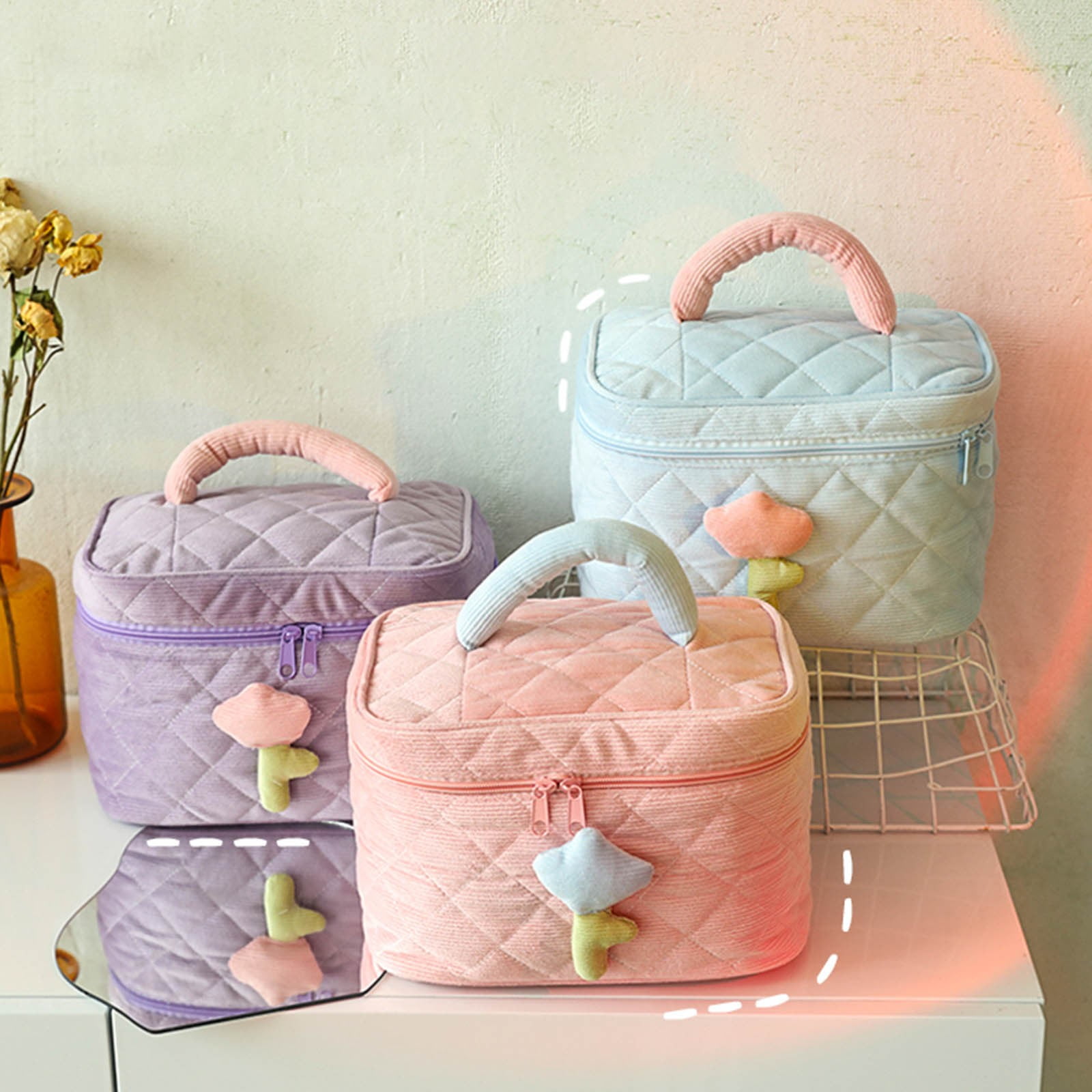 AYktou Makeup Bag Cotton Quilted Cosmetic Bags Cute Makeup Handbag ...