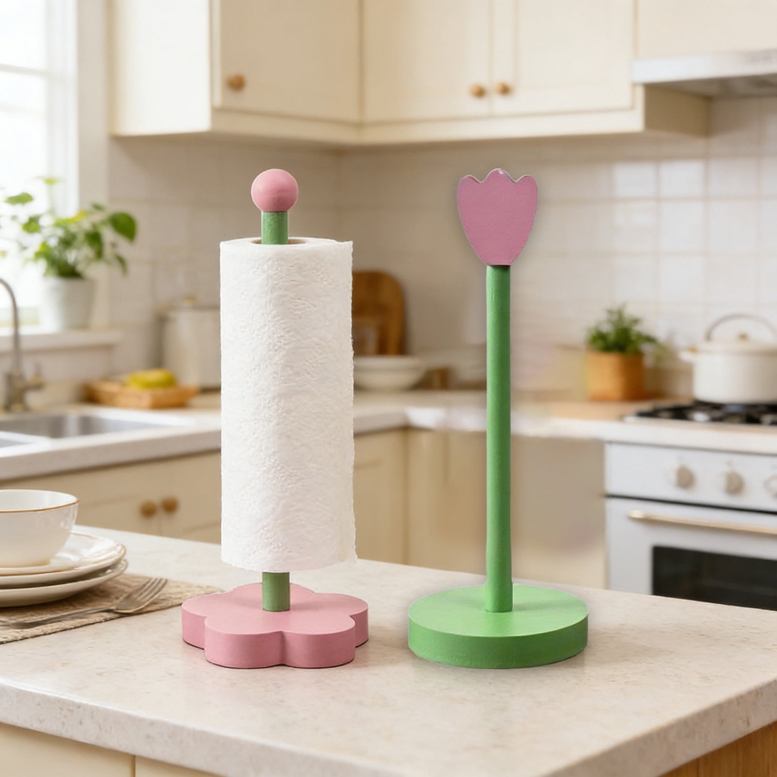 AYktou Wooden Paper Towel Holder, Flower-Shape Crested Solid Wood ...