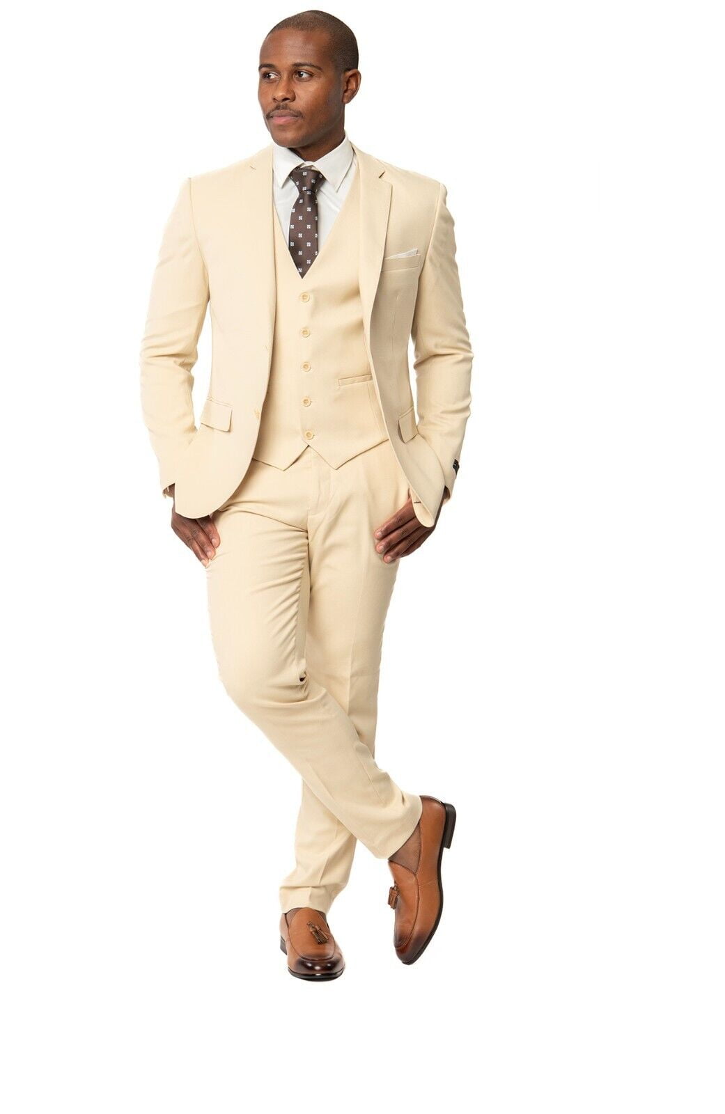 AZAR MAN Slim Fit 2 Button Tan Beige Micro Textured Weave Men's Suit ...