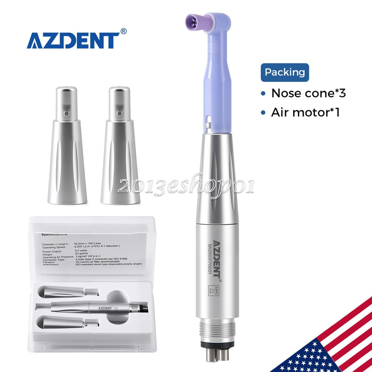 AZDENT Dental Hygiene Prophy Handpiece 4H Air Motor 3 Nose Cone kit 360 ...