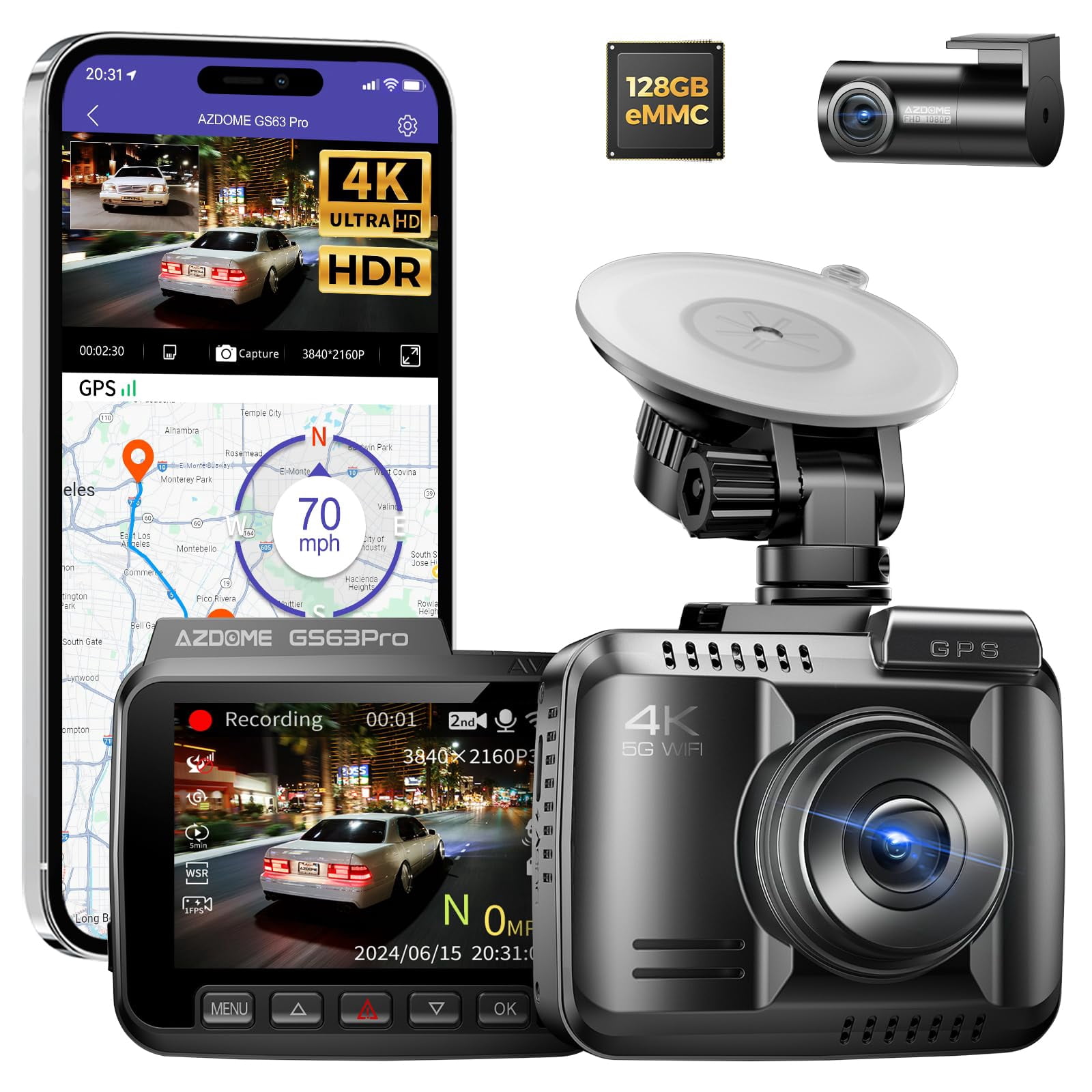 AZDOME 4K HDR Dash Cam with No-Light Full-Color Night Vision, 128GB ...