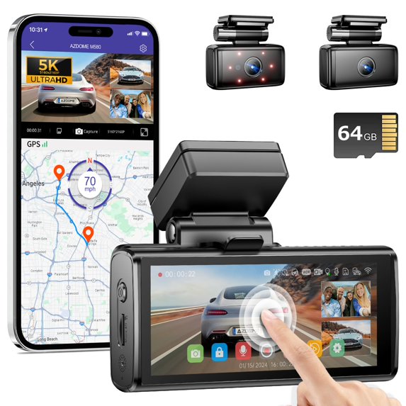 AZDOME 5K 3 Channel Dash Cam, Free 64GB Card, 4" Touchscreen Car Camera ...