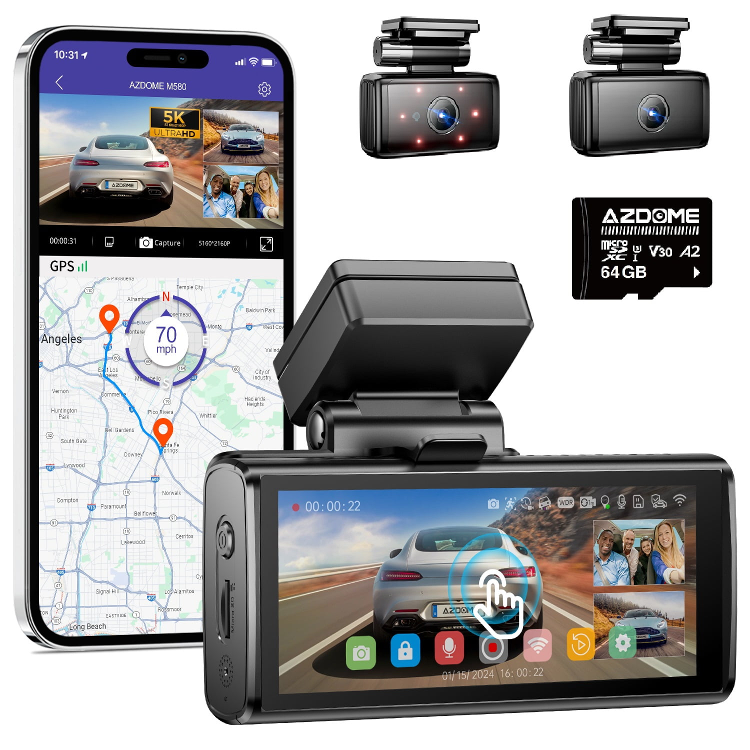 AZDOME Car Dash Cam 3 Channel, 5K Dash Camera Front and Rear Inside 4K ...