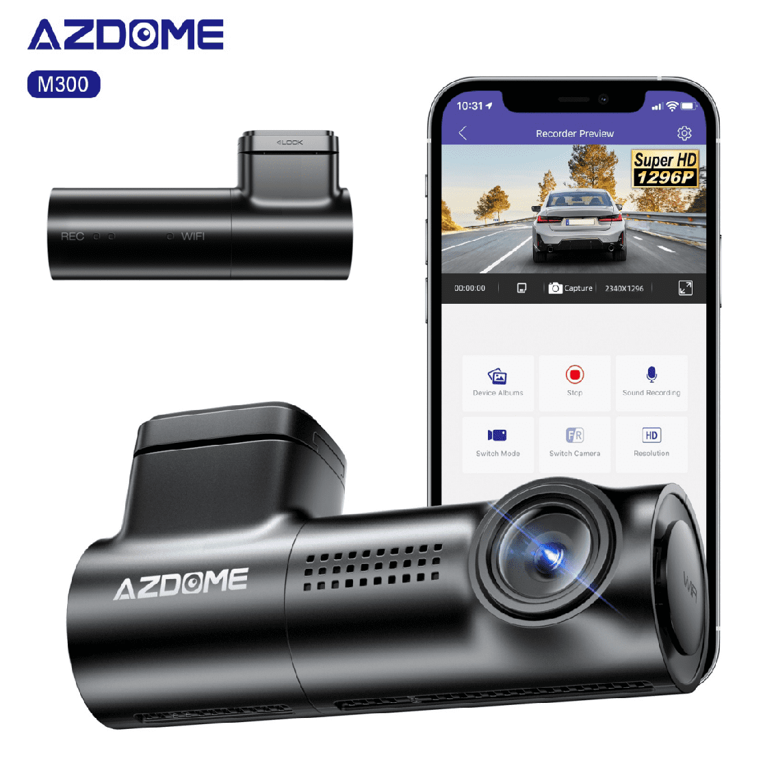AZDOME Dash Cam, Dashcam Front 1296P with WiFi, Voice Control Dash ...