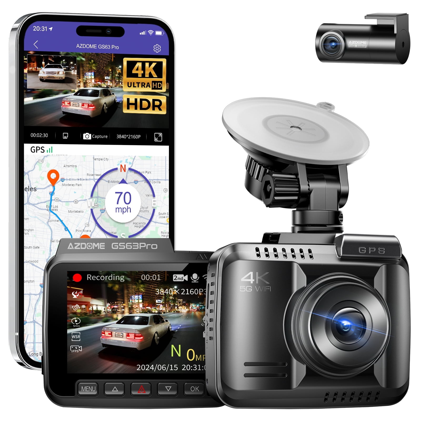 AZDOME Dash Cam Front and Rear, 4K+1080P HDR Dual Car Camera, No-light ...