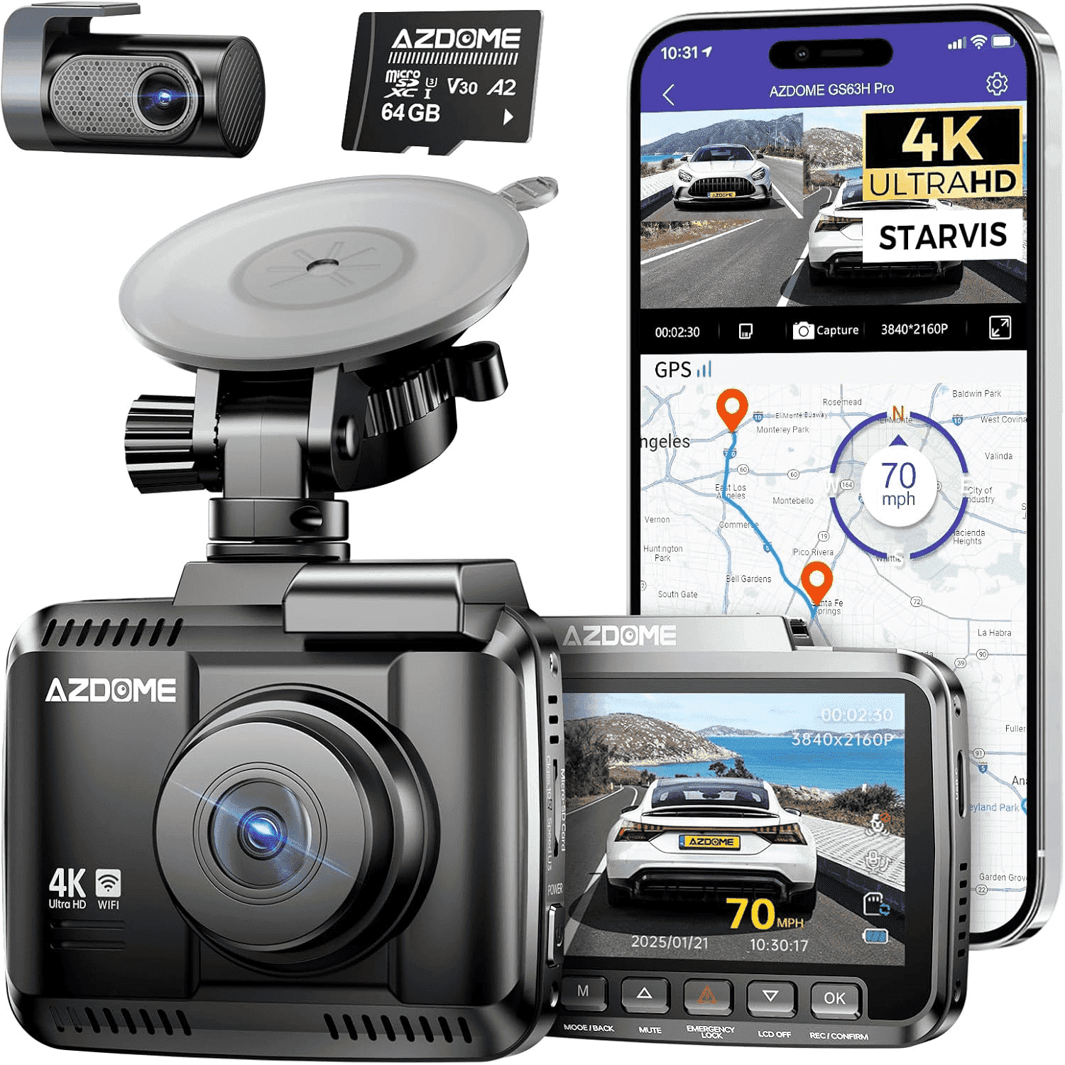 AZDOME GS63H Pro 4K Dash Cam Front and Rear, STARVIS Night Vision, UHD ...