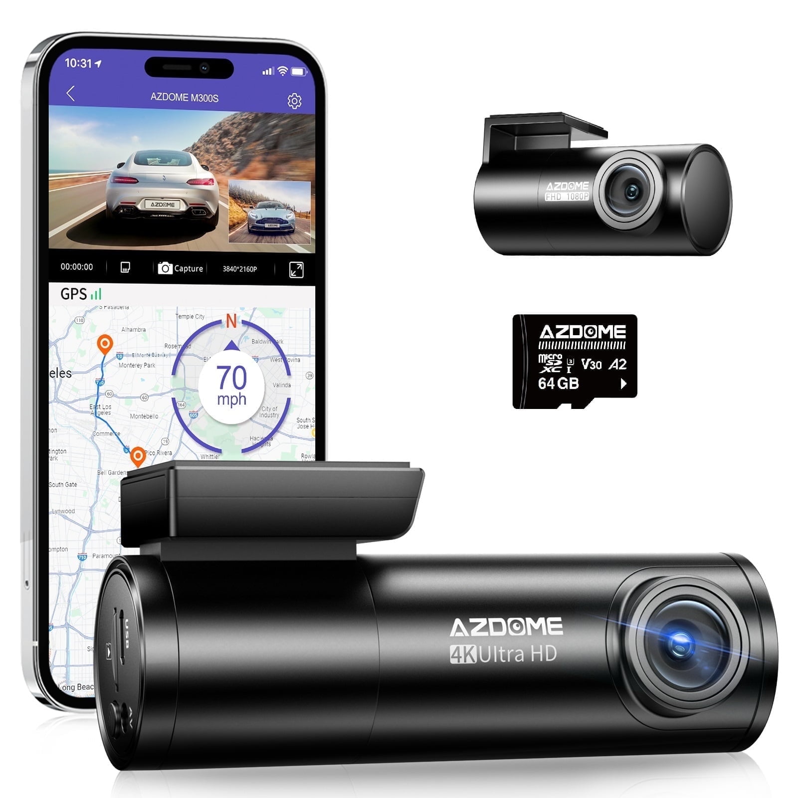 AZDOME M300S 4K Dash Cam with 5.8G WiFi 64GB SD Card, 170° Dash Cam ...