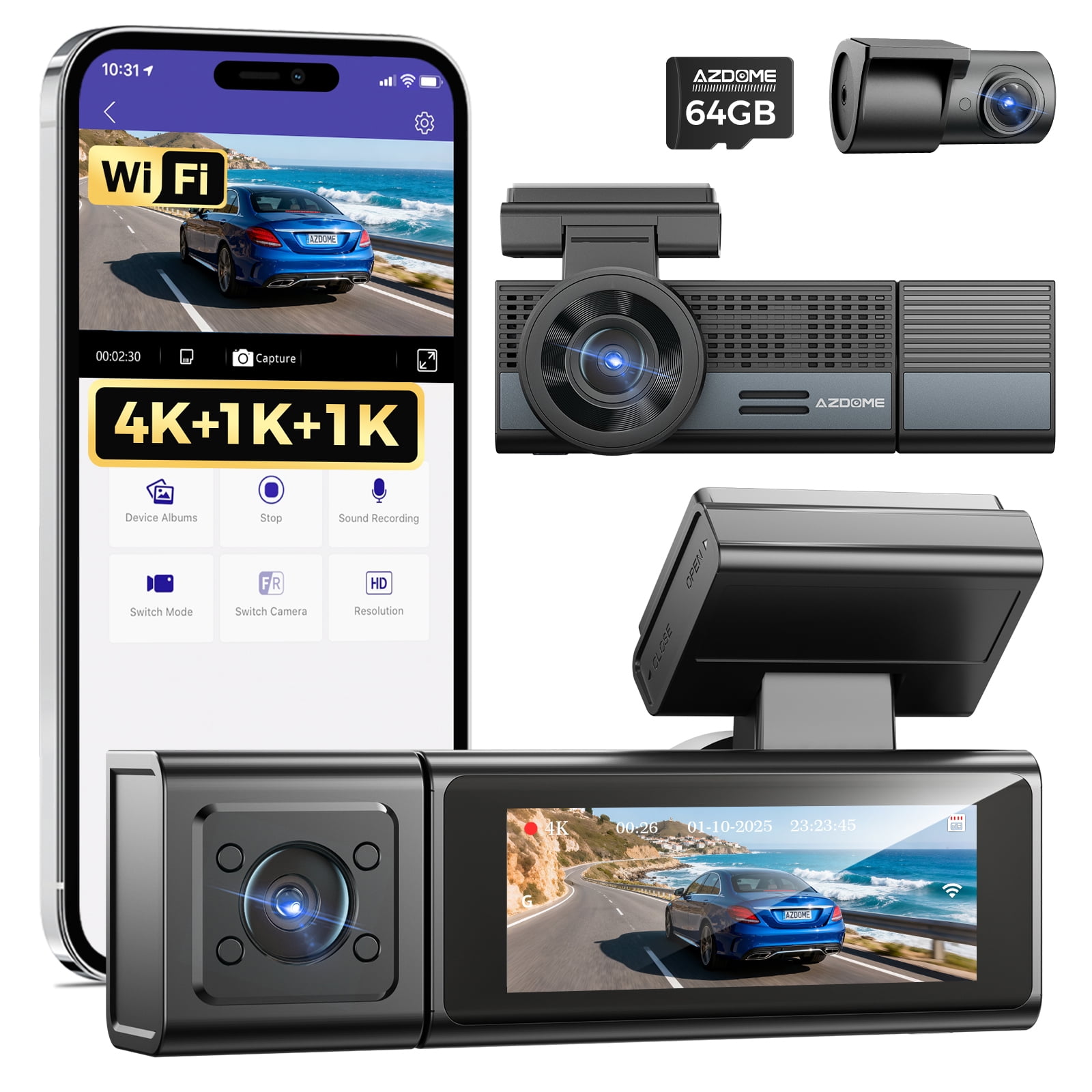 AZDOME M500 Dash Cam 3-Channel 4K Front Camera 64GB 3-Inch Screen WiFi ...
