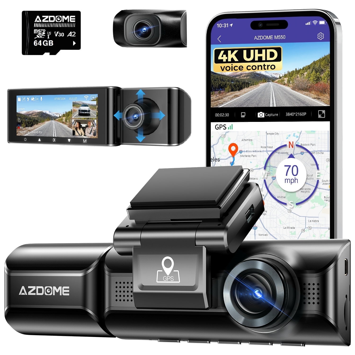 AZDOME M550 3-Channel Dash Cam, 4K WiFi, GPS, Night Vision, 24H Parking ...