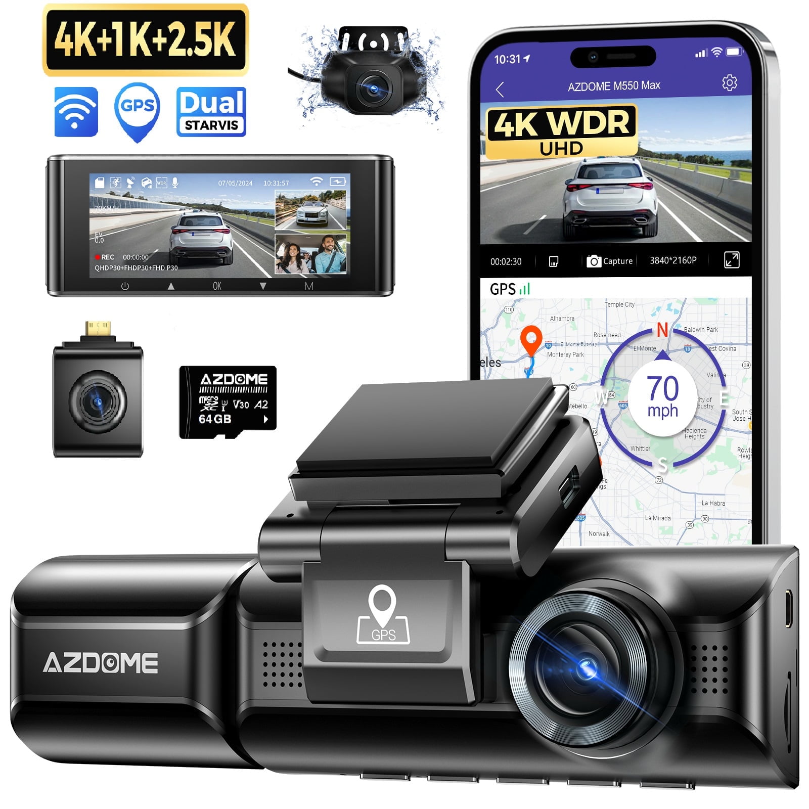 AZDOME M550 Max 3 Channel Dash Cam 4K WiFi , Resolution Supports up to ...