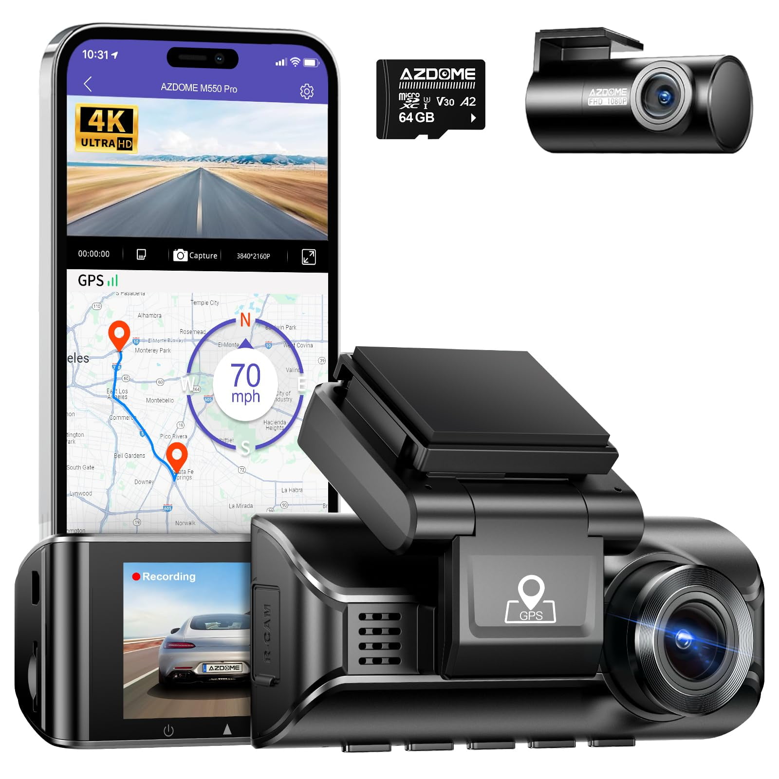 AZDOME M550 Pro 4K Dash Cam Front and Rear, Free 64GB Card, 5GHz Wi-Fi ...