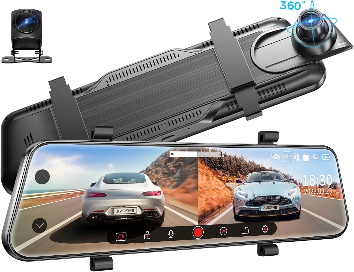 AZDOME Rear View Mirror Dash Cam, 10" Touch Screen 2.5K+1080P Front and ...
