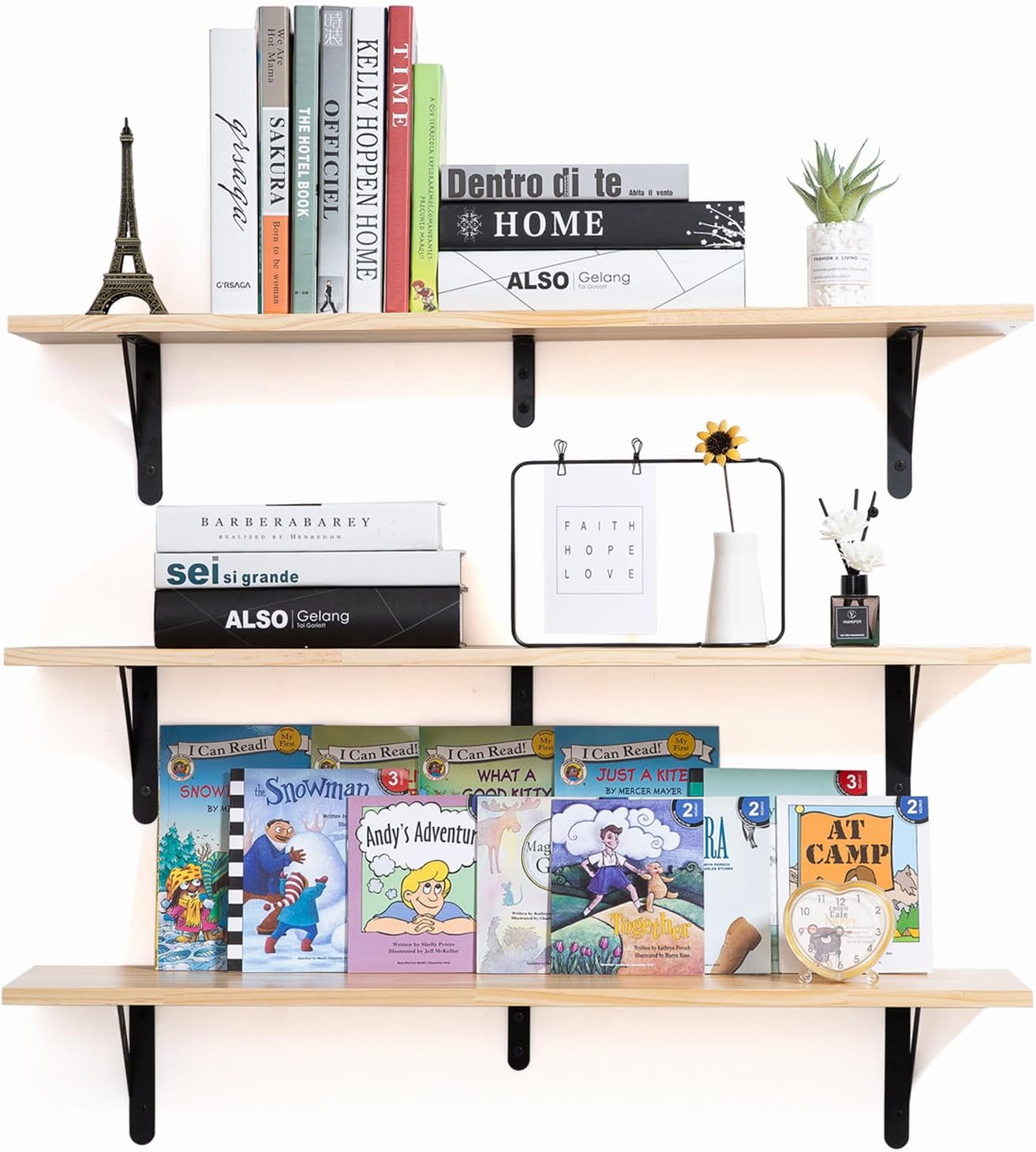 AZSKY Shelves with Black Metal Brackets Extra Large Wall Storage Ledges ...