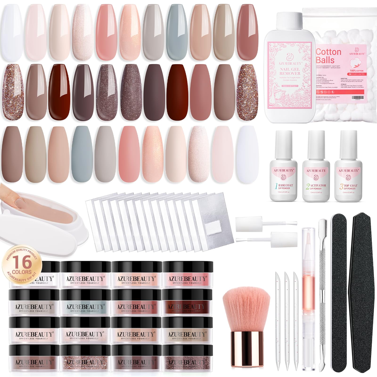 AZUREBEAUTY 130 Pcs Dip Powder Nail Kit,16 Colors Nude Pink Shine Brown ...
