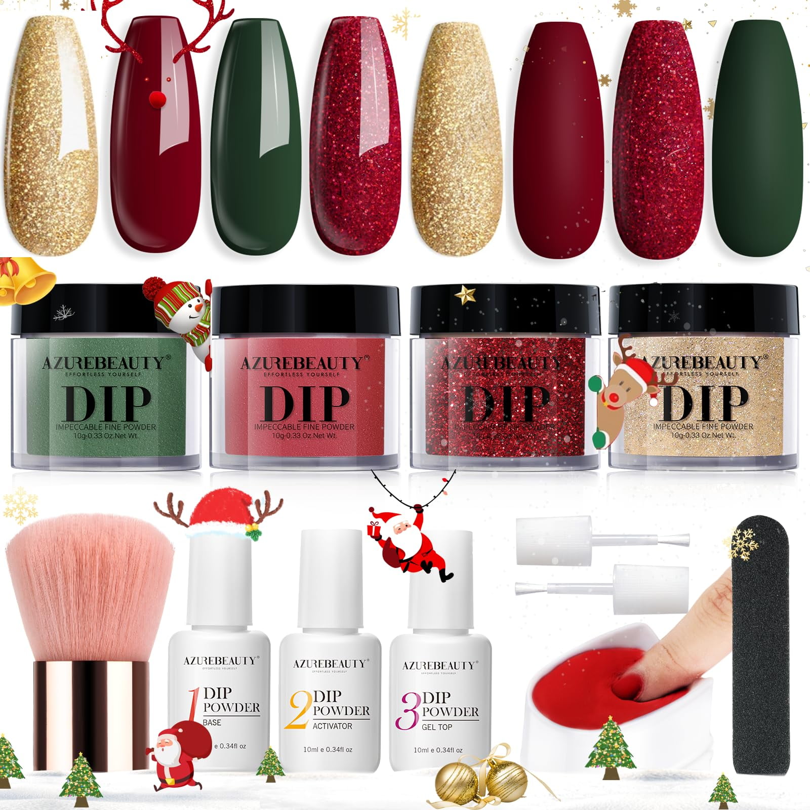AZUREBEAUTY Christmas Dip Powder Nail Kit, 4 Colors Red Green Gold ...