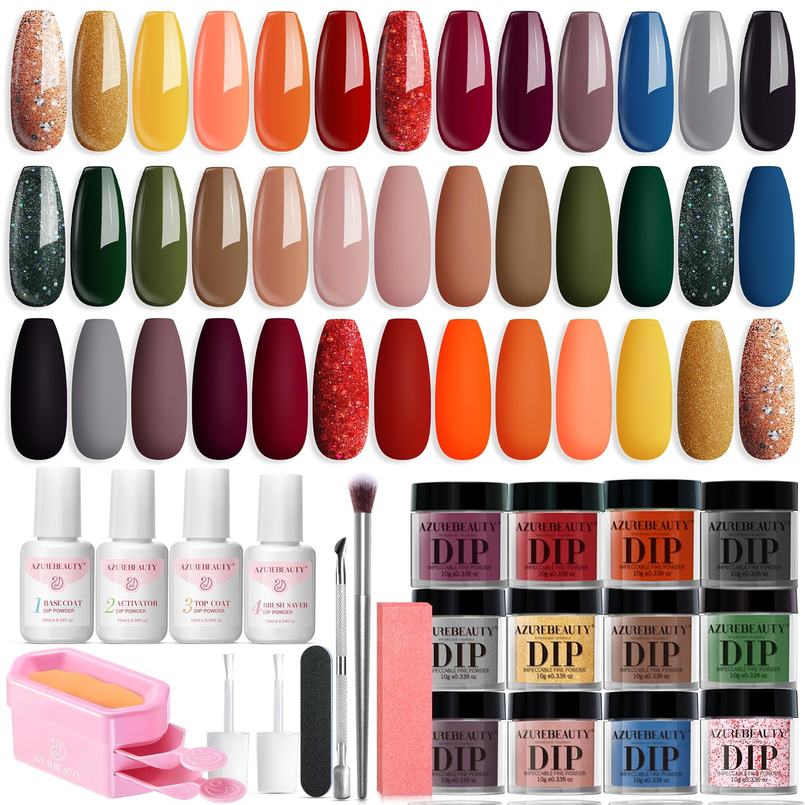 AZUREBEAUTY Dip Powder Nail AIF9 Kit Starter All Orange Green Glitter ...