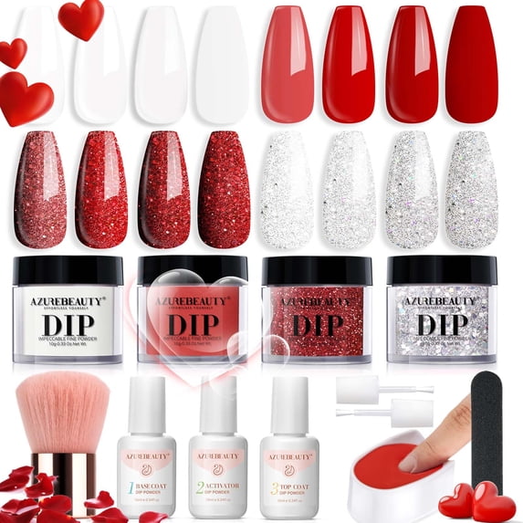 AZUREBEAUTY Dip Powder Nail Starter Kit Berry Red Milky White Silver ...