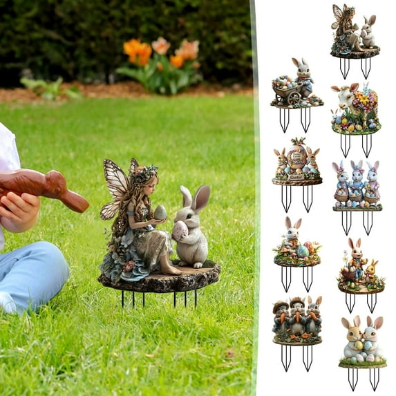 AZXY 2D Acrylic Garden Stakes, Easter Bunny Ornaments, Weatherproof ...