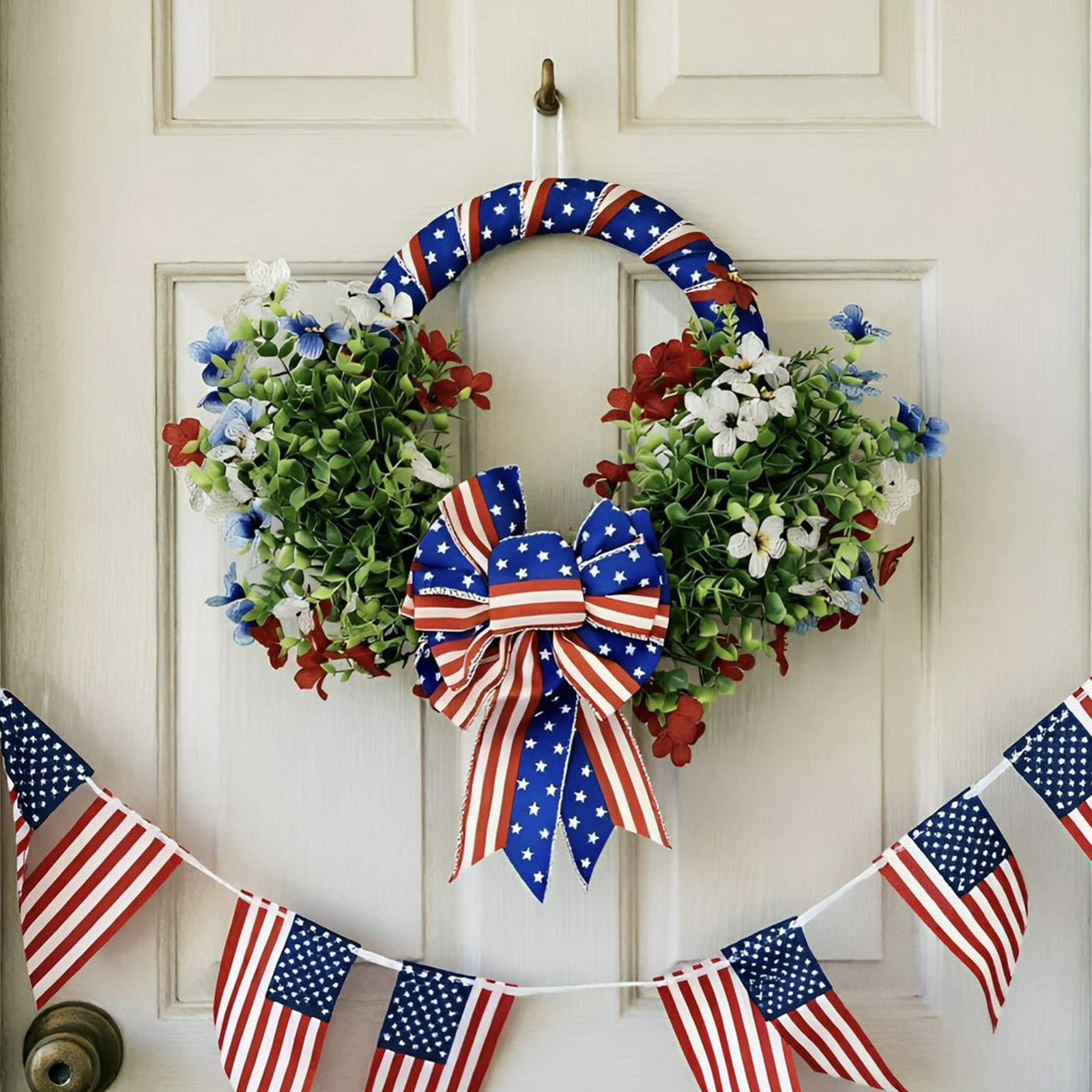AZXY 4th of July Patriotic Fabric Wrapped Floral Wreath, Red White Blue ...