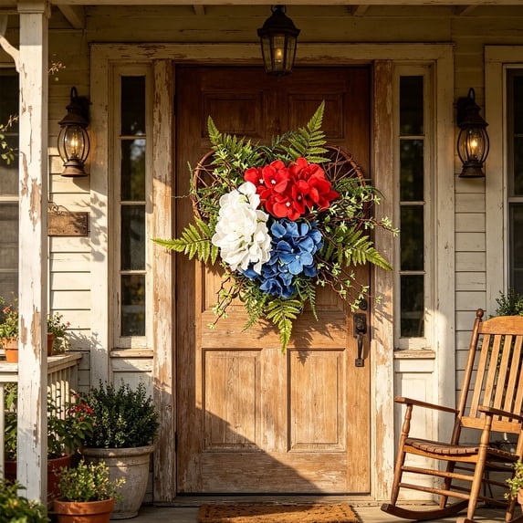 AZXY 4th of July Patriotic Heart Wreath, Red White Blue Hydrangea with ...