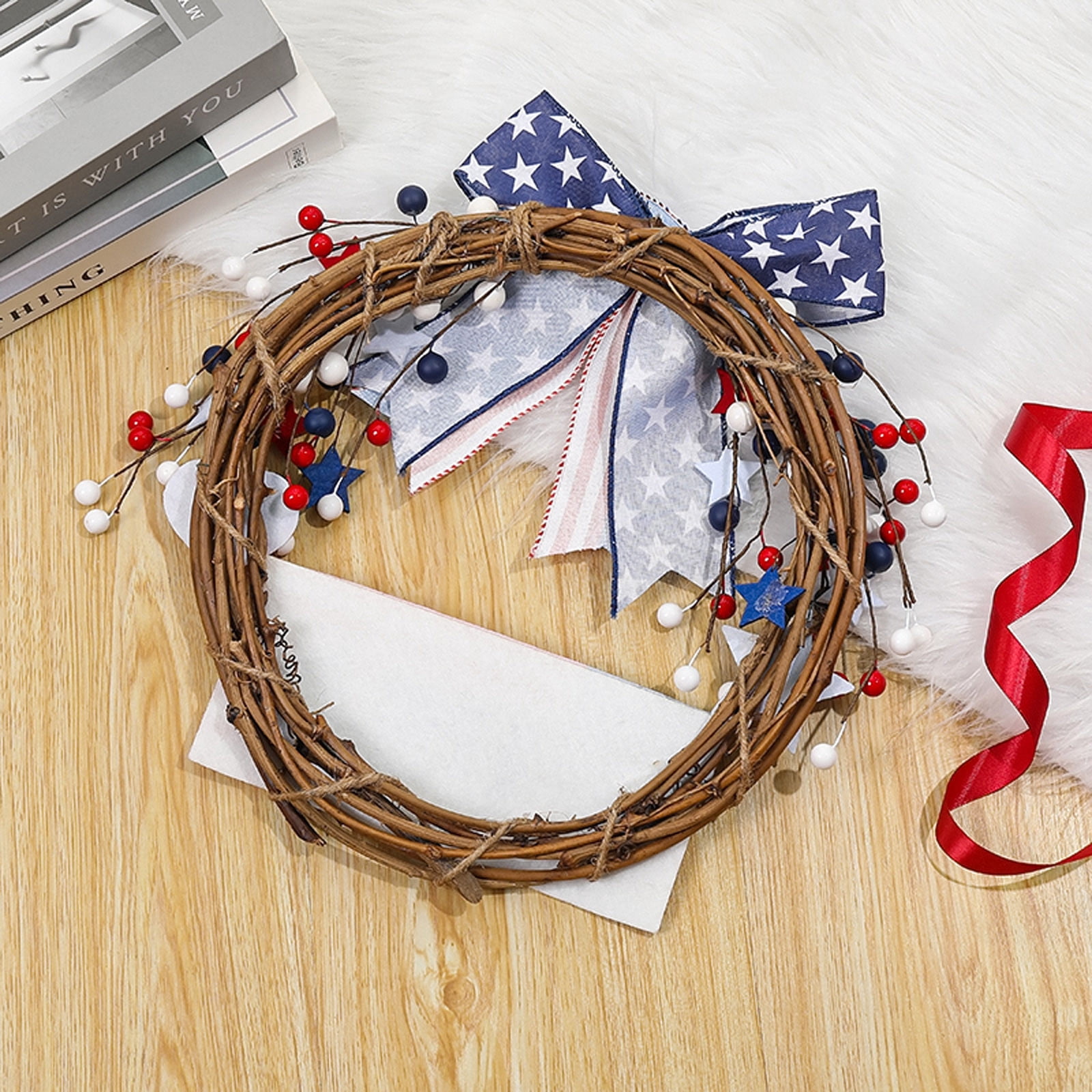 AZXY 4th of July Patriotic Rattan Wreath with Star Bow, Red White Blue ...