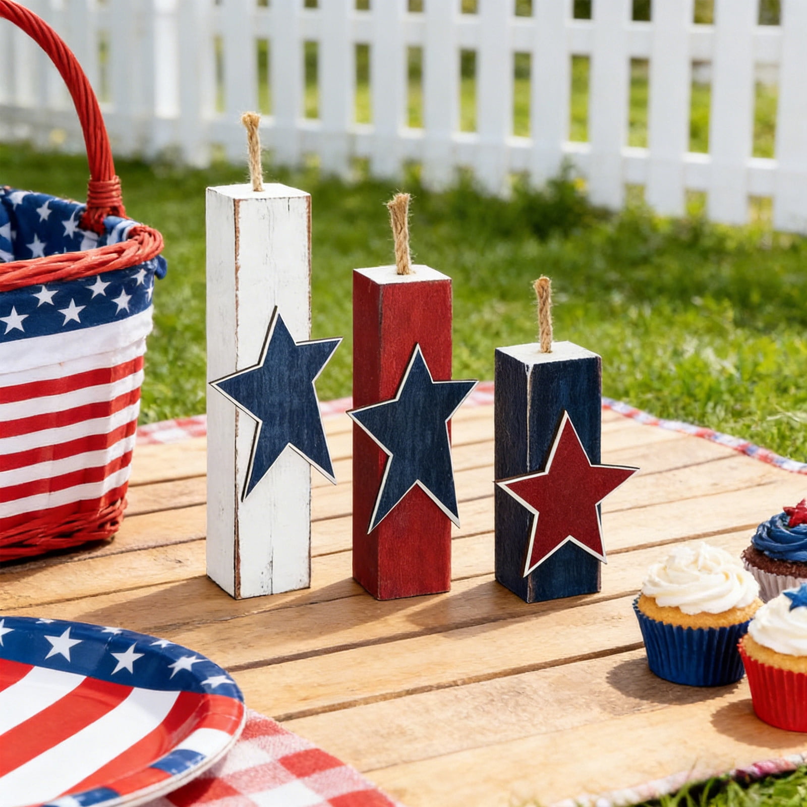 AZXY 4th of July Patriotic Wooden Block Ornament Desktop Decor, Red ...