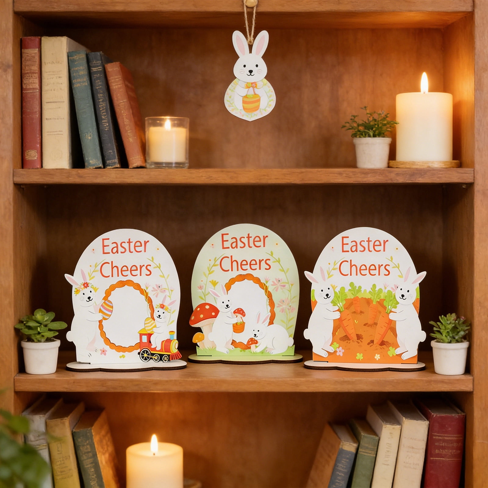 AZXY Easter Bunny Decorations, "Easter Cheers" Wooden Tabletop Sign ...