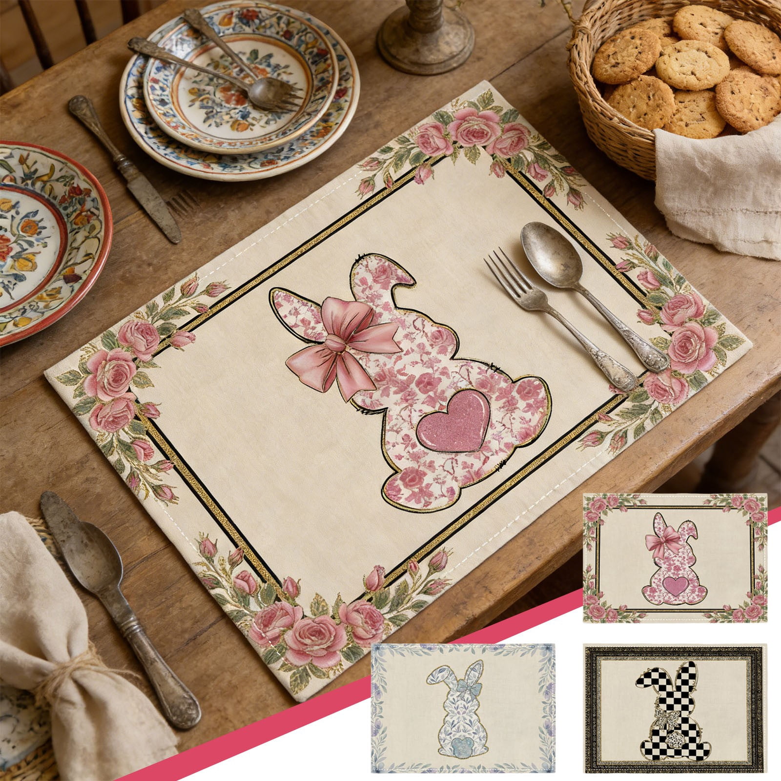 AZXY Easter Placemats, 16.5x12.5 Inch Watercolor Floral Bunny ...