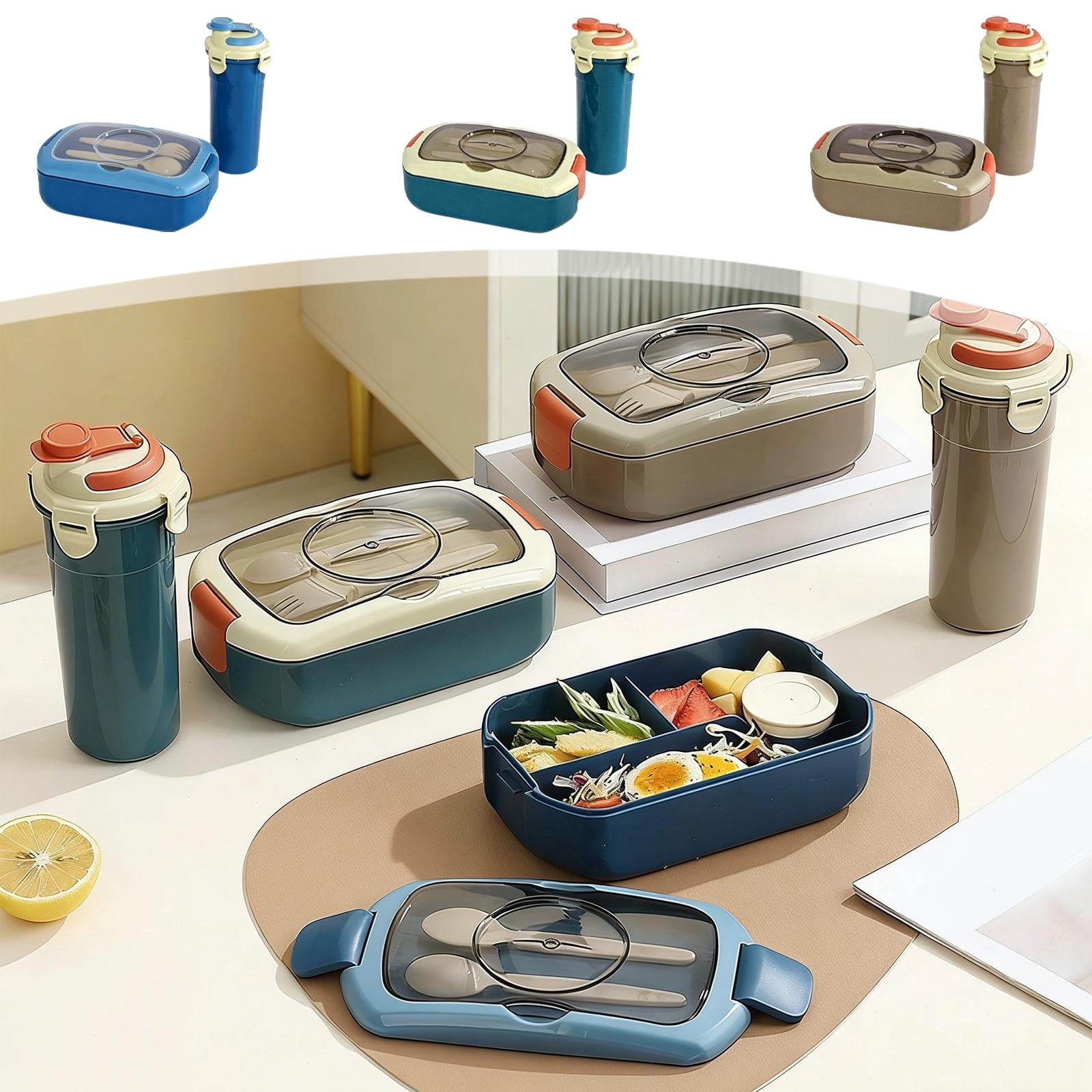 AZXY Food Storage Set with Water Bottle, Divided Bento Box with ...
