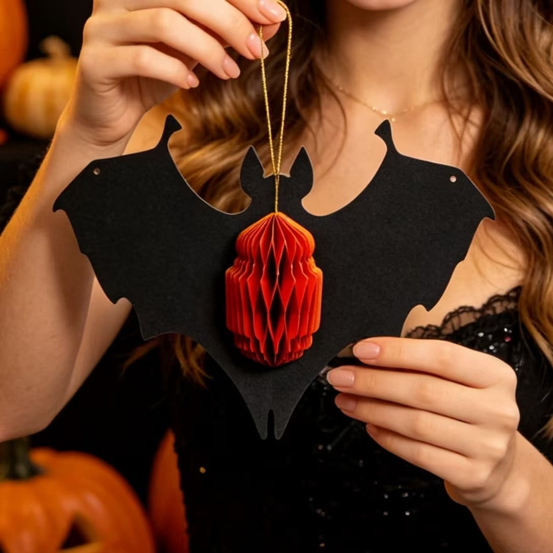 AZXY Halloween Foldable Honeycomb Bat Hanging Ornament, Black Red Paper ...