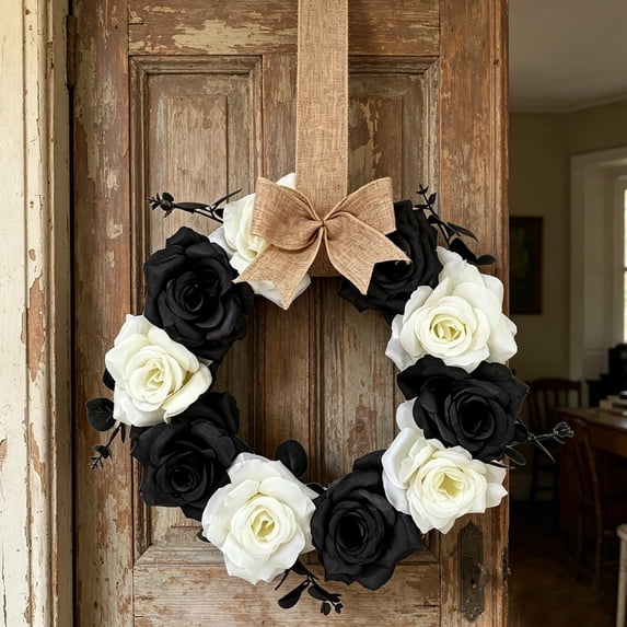 AZXY Halloween Wreath for Front Door, 12 Inch Black White Rose ...