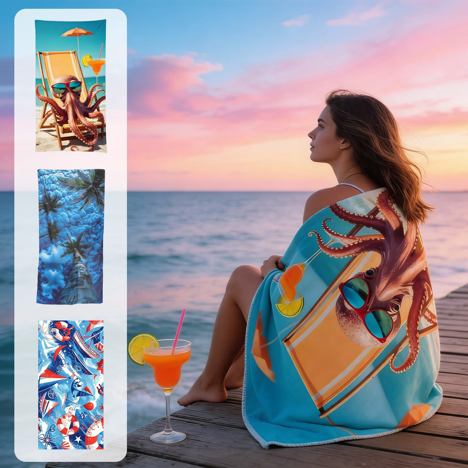 AZXY Ocean & Animal Print Beach Towel with Integrated Storage Bag, 2-in ...