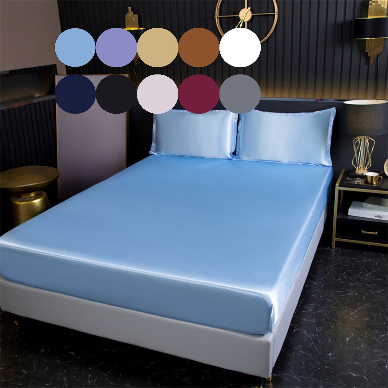 AZXY Queen Fitted Sheet & Pillowcase Set, 79x59In Ice Silk Satin ...