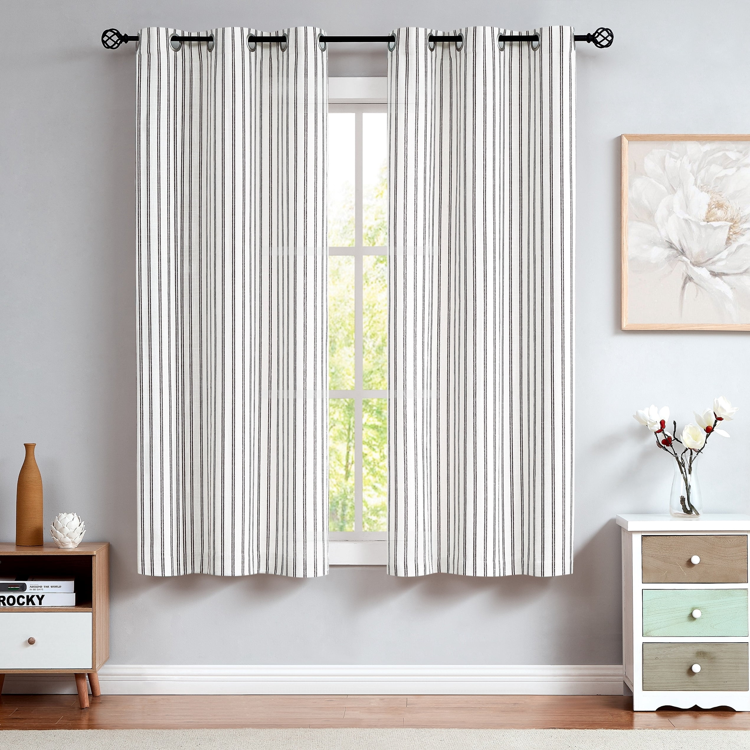 AZZCIA Black Stripe Farmhouse Window Curtain Panels Linen Rustic Semi ...