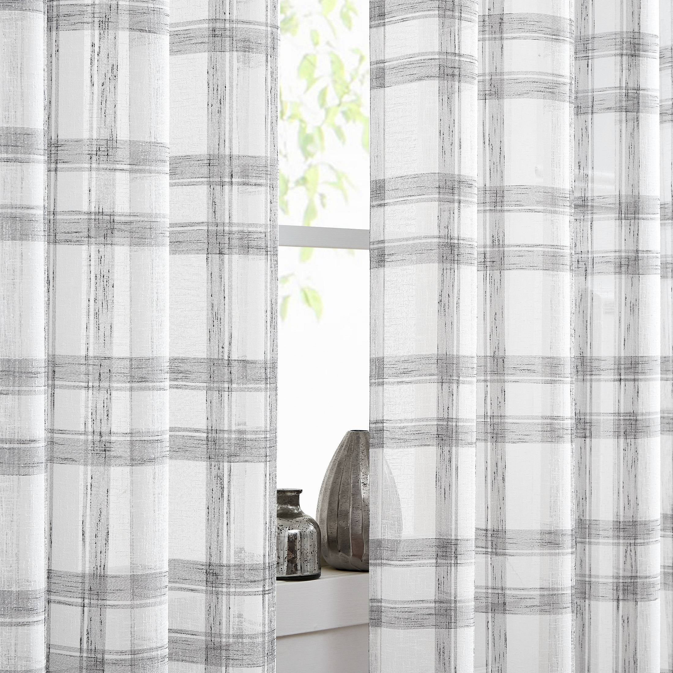 AZZCIA Geometric Curtains for Living Room, Linen Semi Sheer Grommets ...
