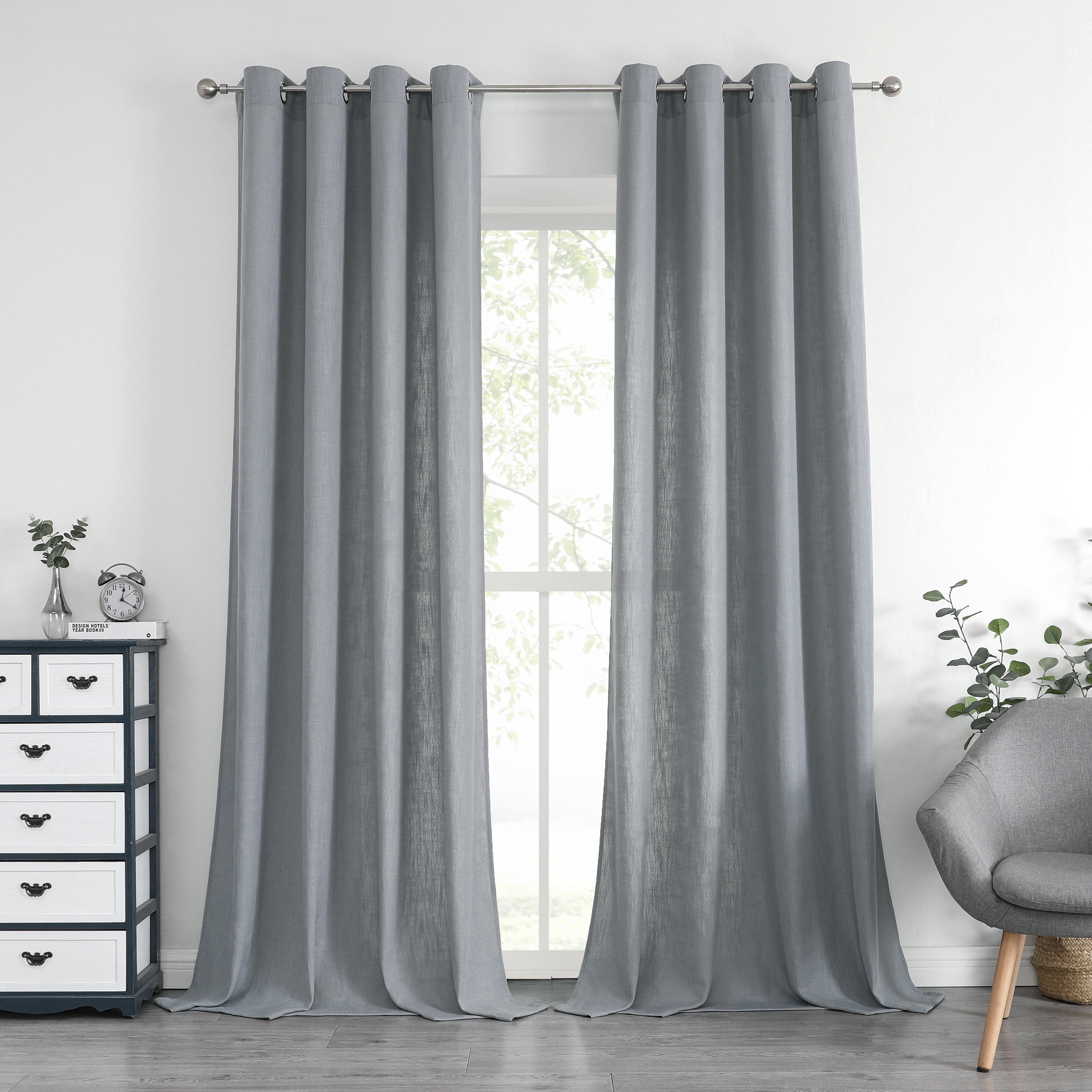 AZZCIA Grey Linen Blend Semi Sheer Curtain Panels 95 Inches Long with ...
