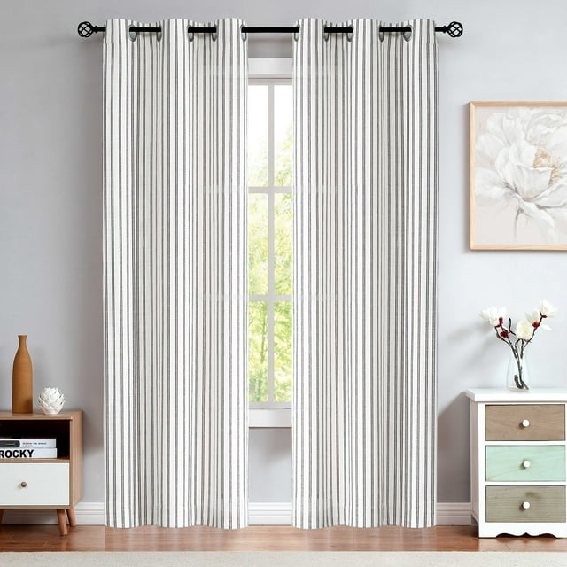 AZZCIA Black Stripe Linen Semi Sheer Curtain for Living Room Farm House ...