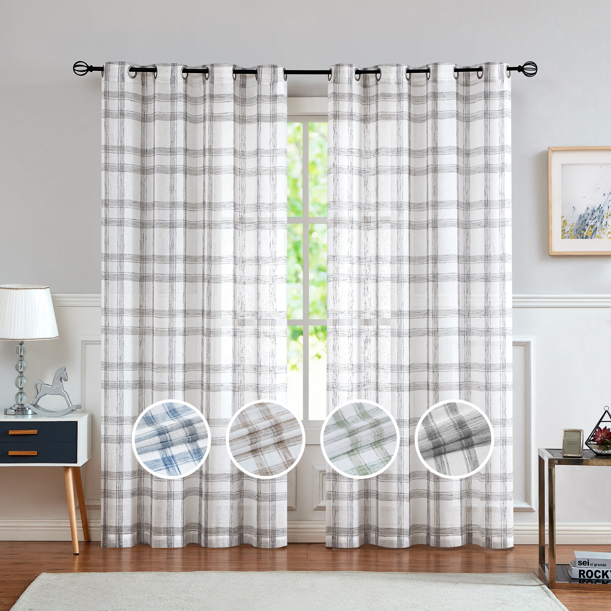 AZZCIA White Gray Window Curtain Panel for Living Room Linen Blend Semi ...