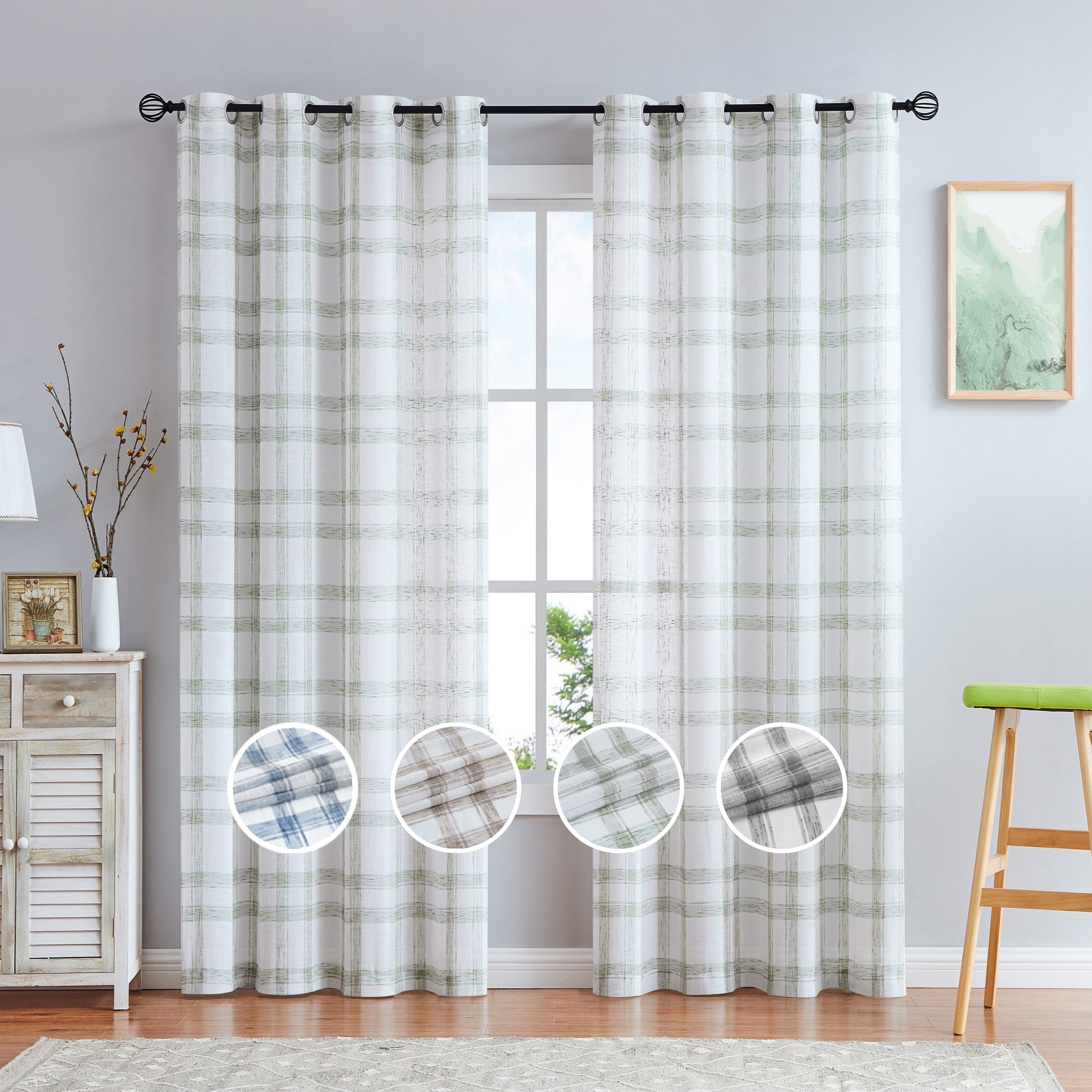 AZZCIA Geometric Window Curtain Panel Pair, Semi Sheer, Linen Blend, 54 ...