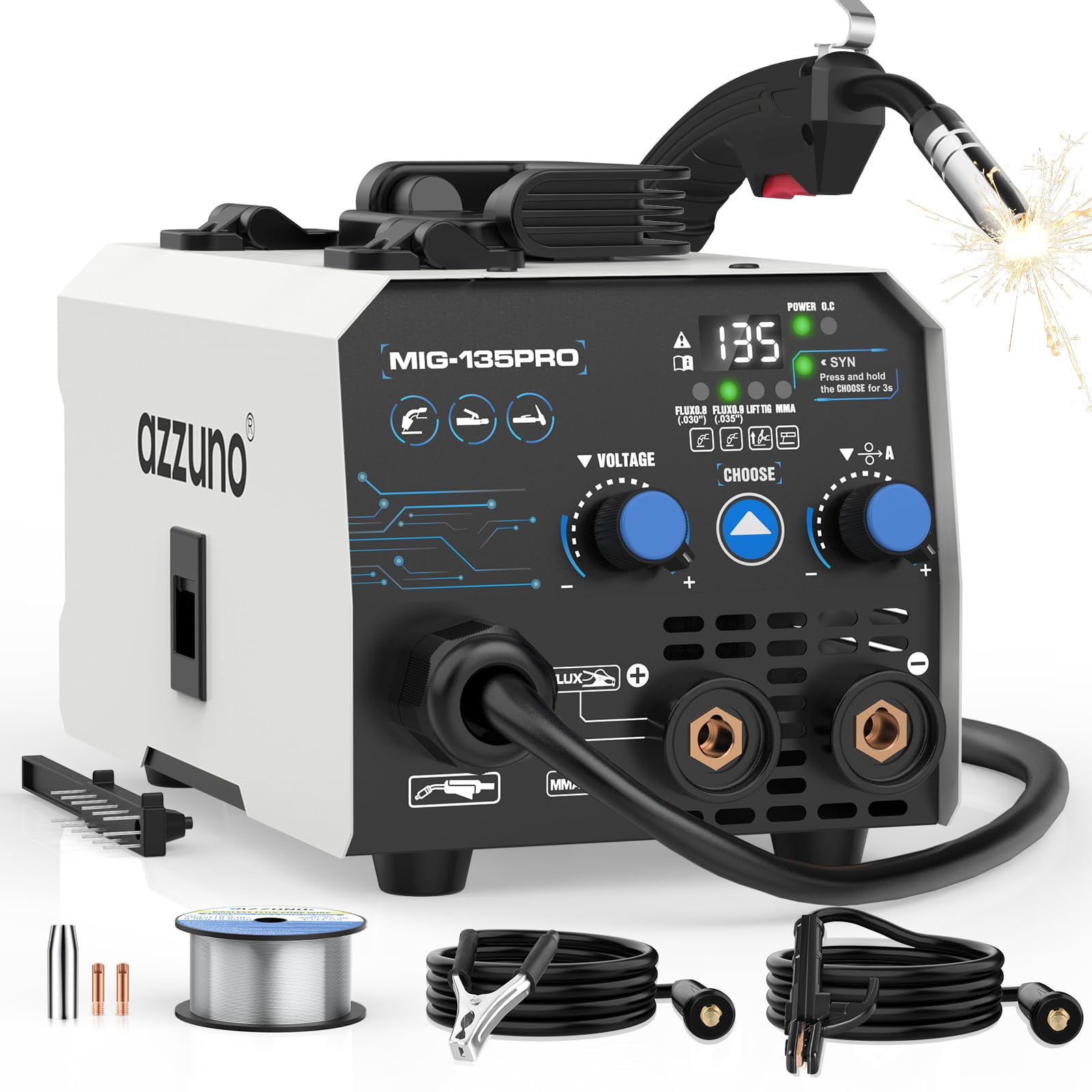 AZZUNO 135A MIG Welder 110v, 3 in 1 MIG Welder Machine Flux Core Welder/Lift TIG/Stick Welding ...